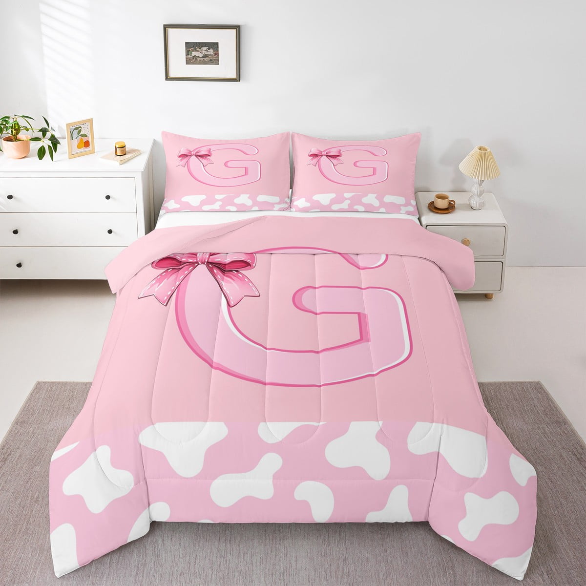 jejeloiu Personalized Gifts Bow Queen Comforter Set,Pink Letter G ...