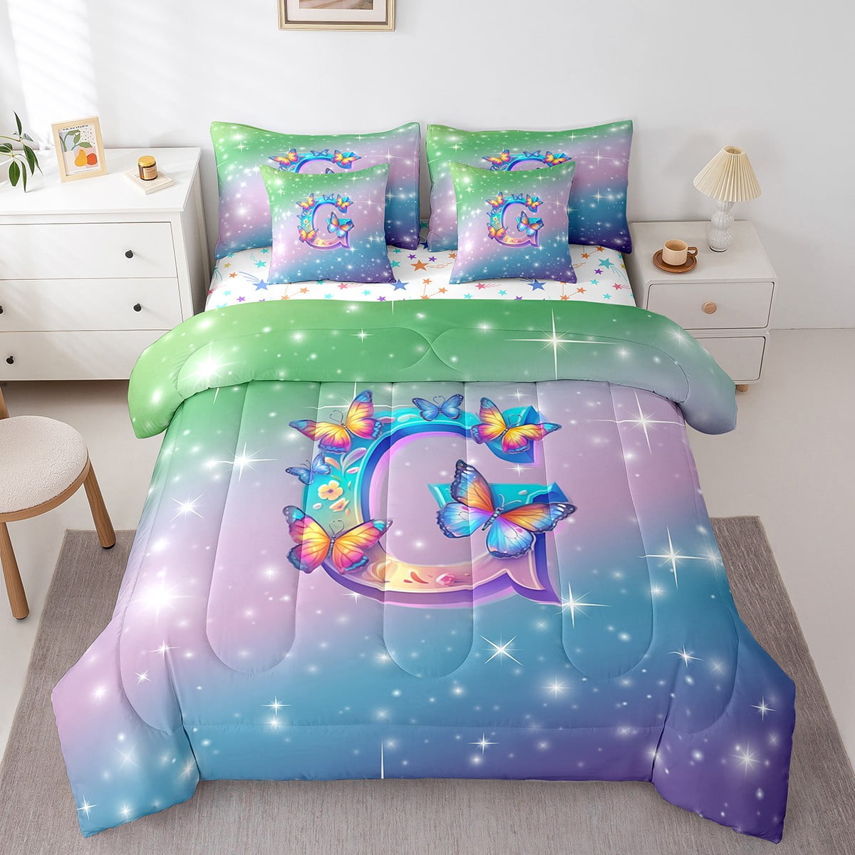 jejeloiu Personalized Gifts Butterfly Bedding Comforter Set,7pcs,Letter G Queen Bedding Sets ...