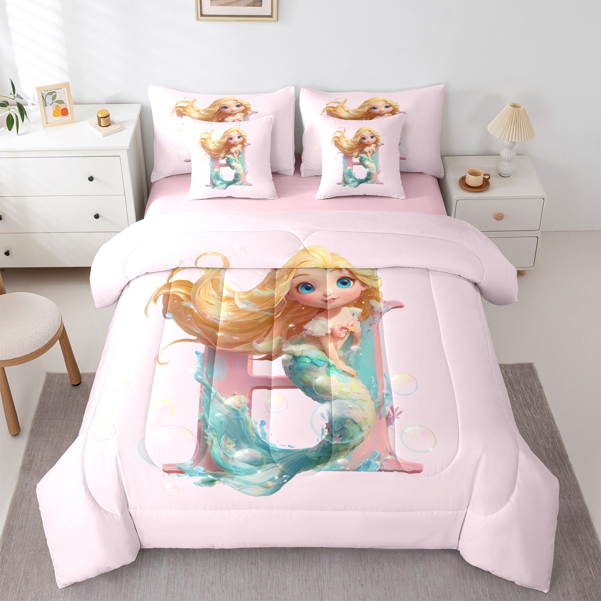 jejeloiu Personalized Gifts Mermaid Twin Bedding Sets 7-Piece,Pink ...