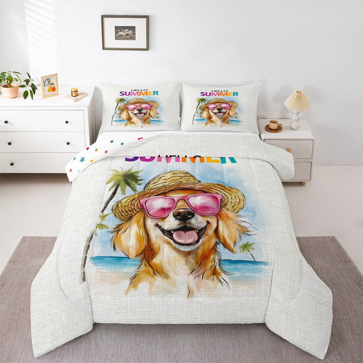jejeloiu Pet Golden Retriever Queen Comforter Set,Hello Summer Holiday ...