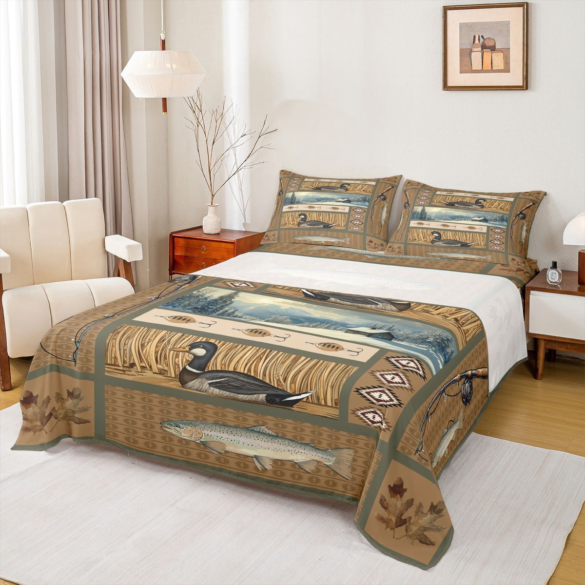 jejeloiu Pike Fish Mallard Twin Sheet Sets,Fishing And Hunting Twin ...