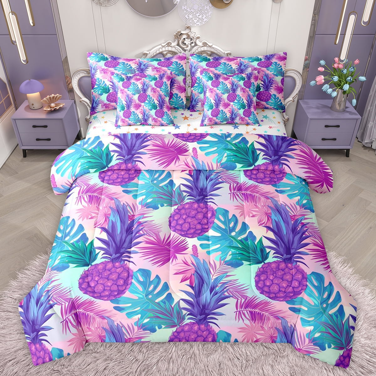 jejeloiu Pineapple 7-Piece Twin Bedding Sets,Tropical Monstera Leaf ...