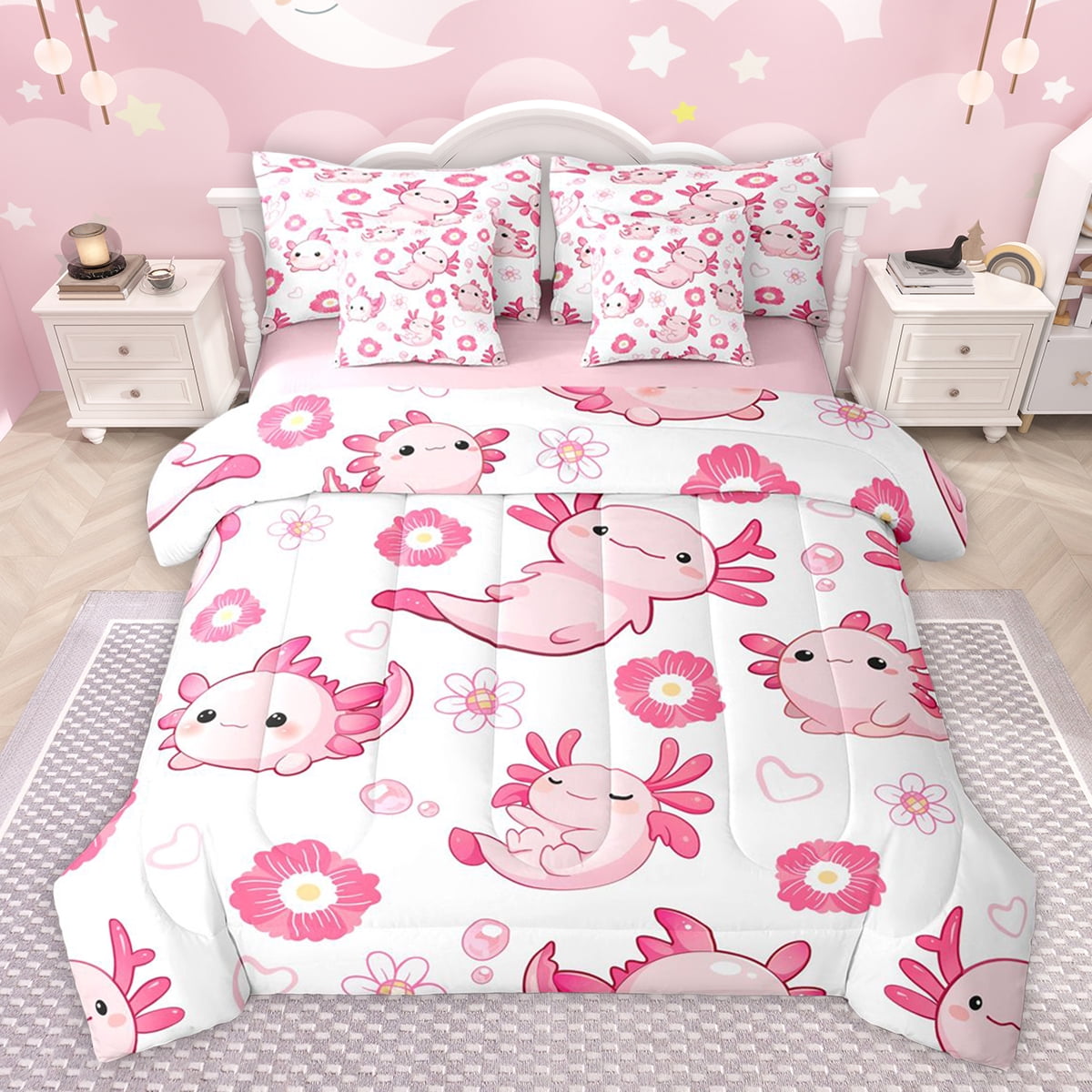 jejeloiu Pink Axolotl Salamander 7 Pieces Bedding Comforter Set,Kawaii ...