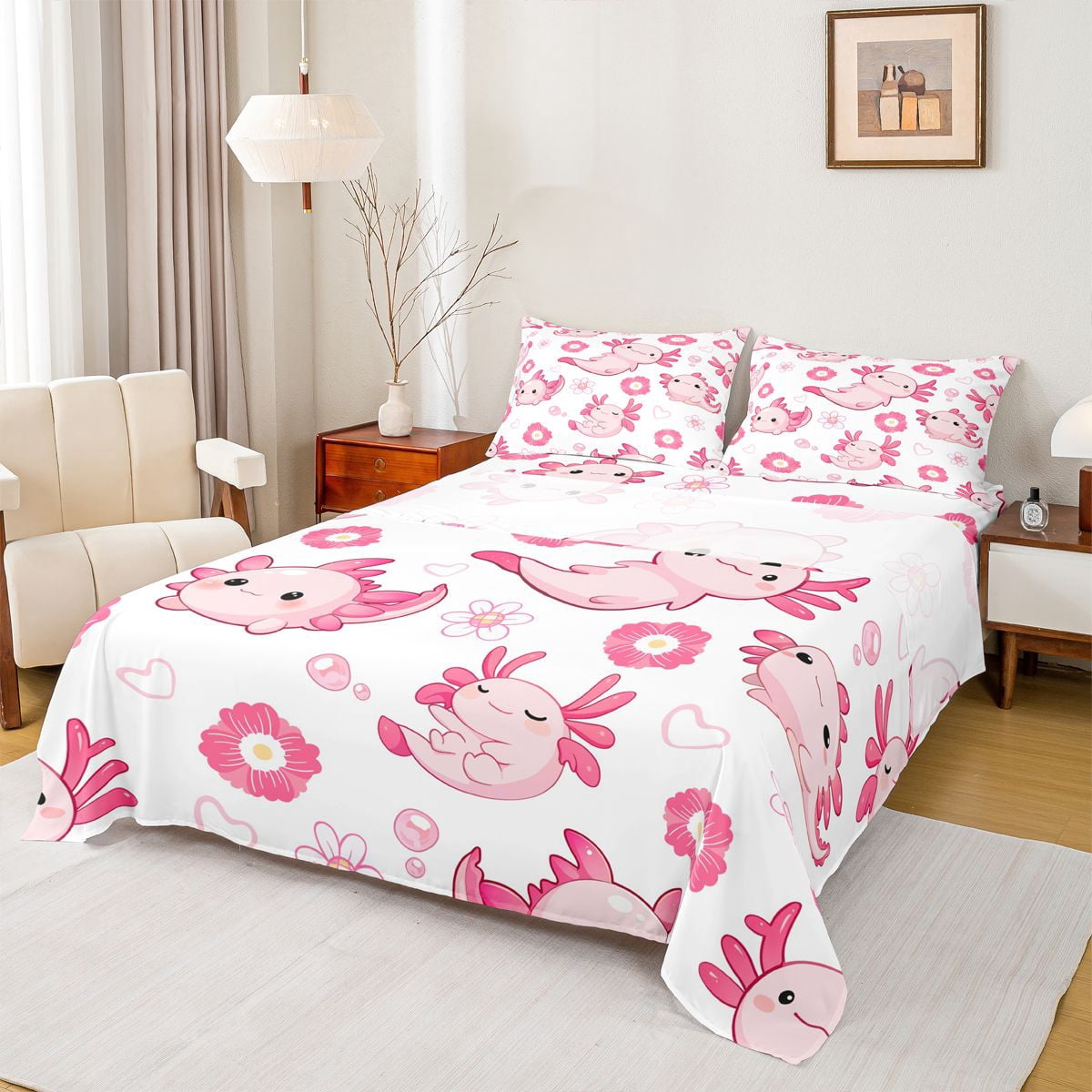 jejeloiu Pink Axolotl Salamander Twin Sheet Sets,Kawaii Flowers Blossom ...