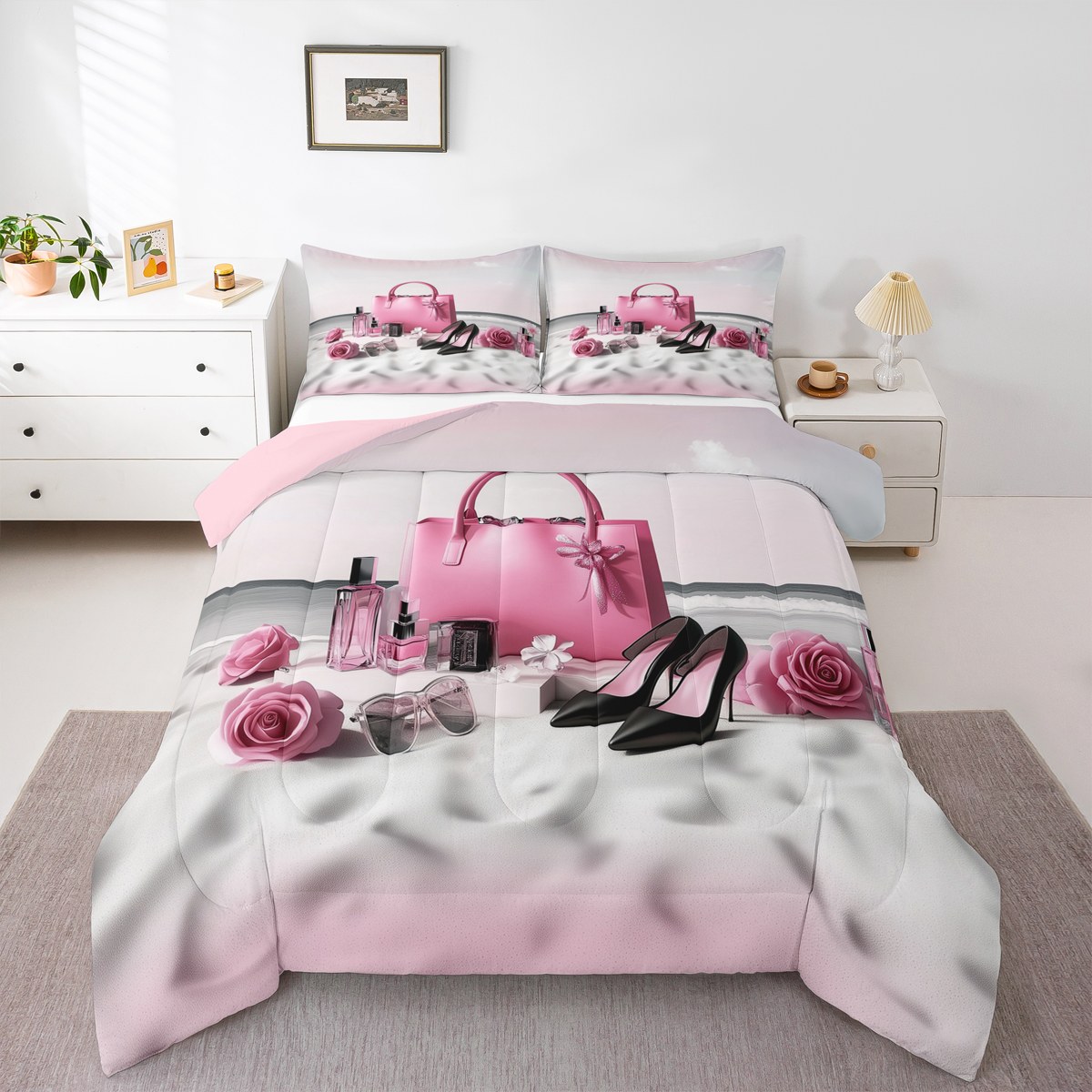 jejeloiu Pink Bag Floral Bedding Comforter Set,Romantic Valentine'S Day ...