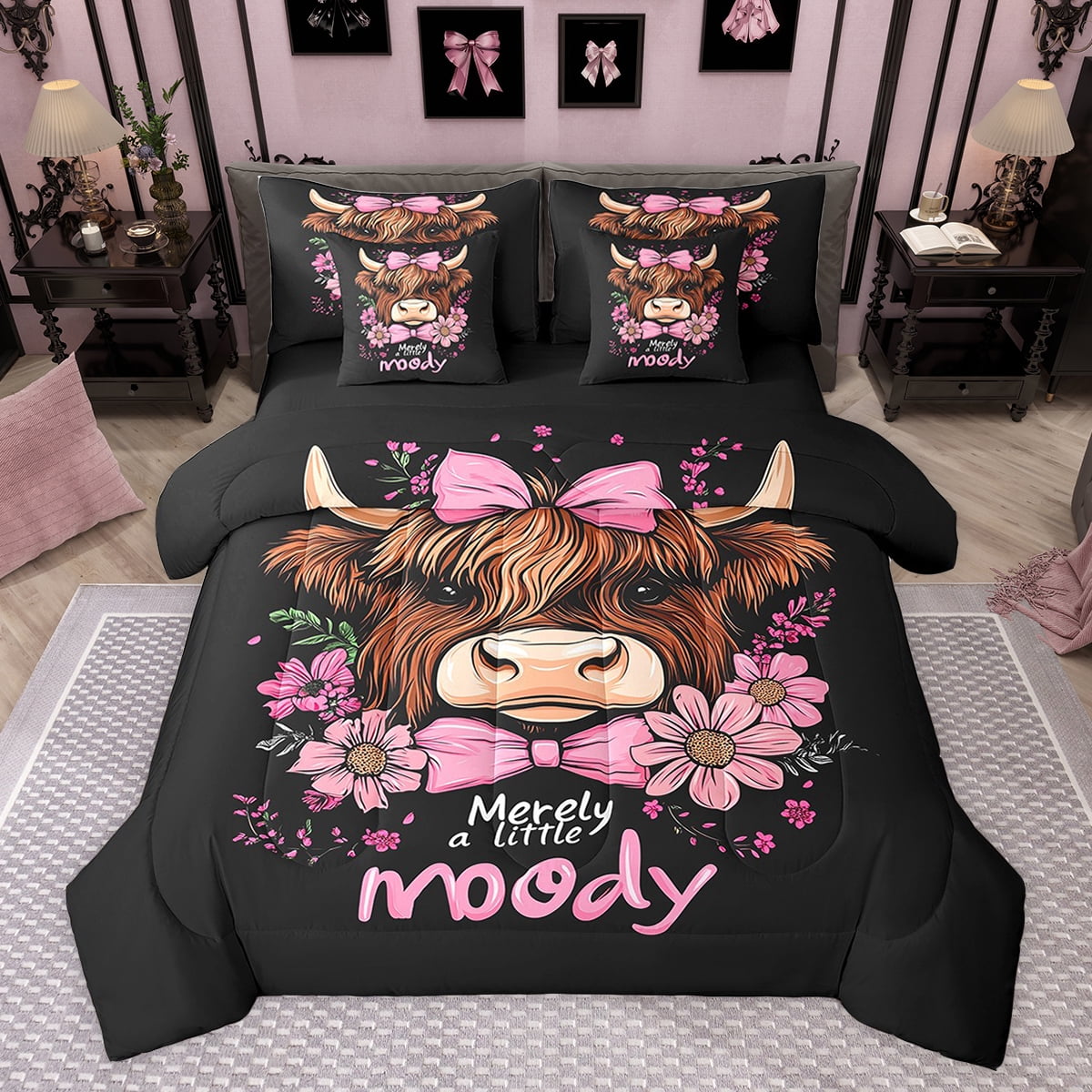 jejeloiu Pink Bowknot Daisy 7pcs Bedding Comforter Set,Cute Highland ...
