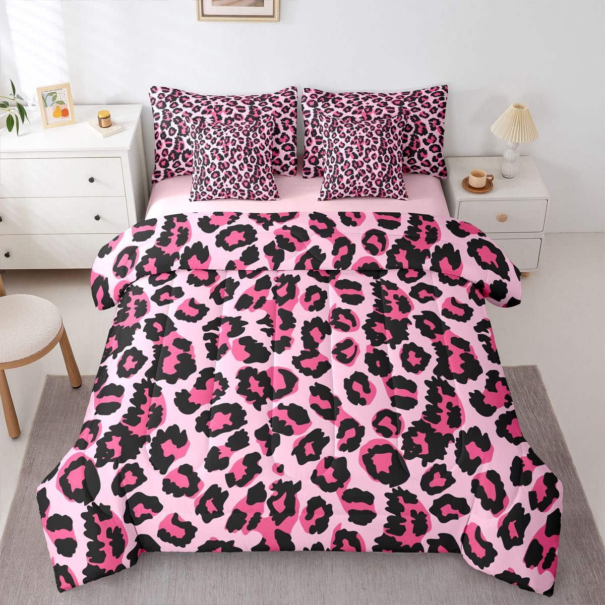 jejeloiu Pink Cheetan Pattern 7pcs Bedding Comforter Set,Safari Leopard ...