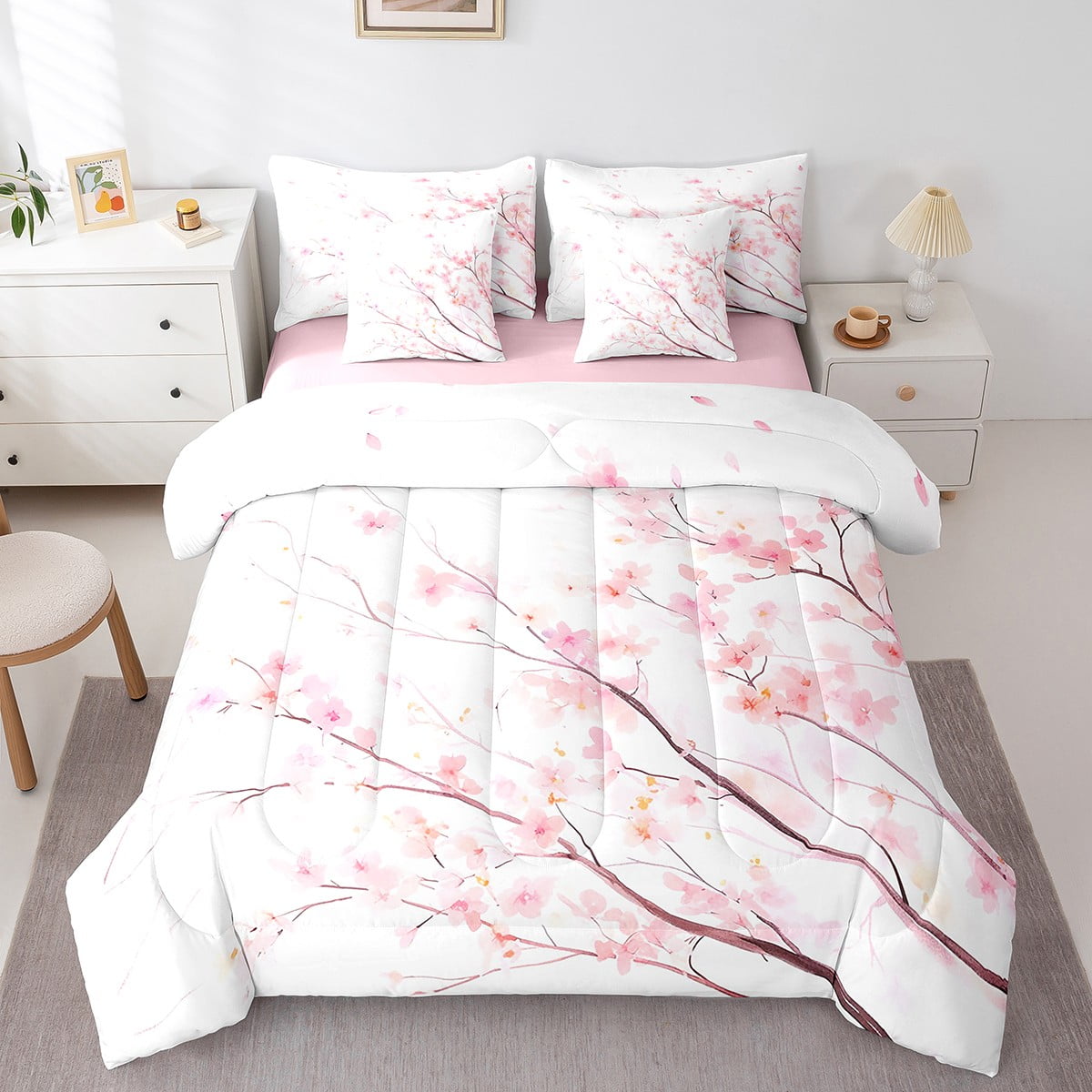 jejeloiu Pink Cherry Blossom Bedding Comforter Set,7pcs,Natural ...