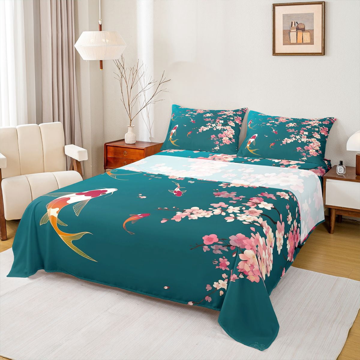 jejeloiu Pink Cherry Flower Full Size Sheets,Japanese Ukiyoe Style Bed ...