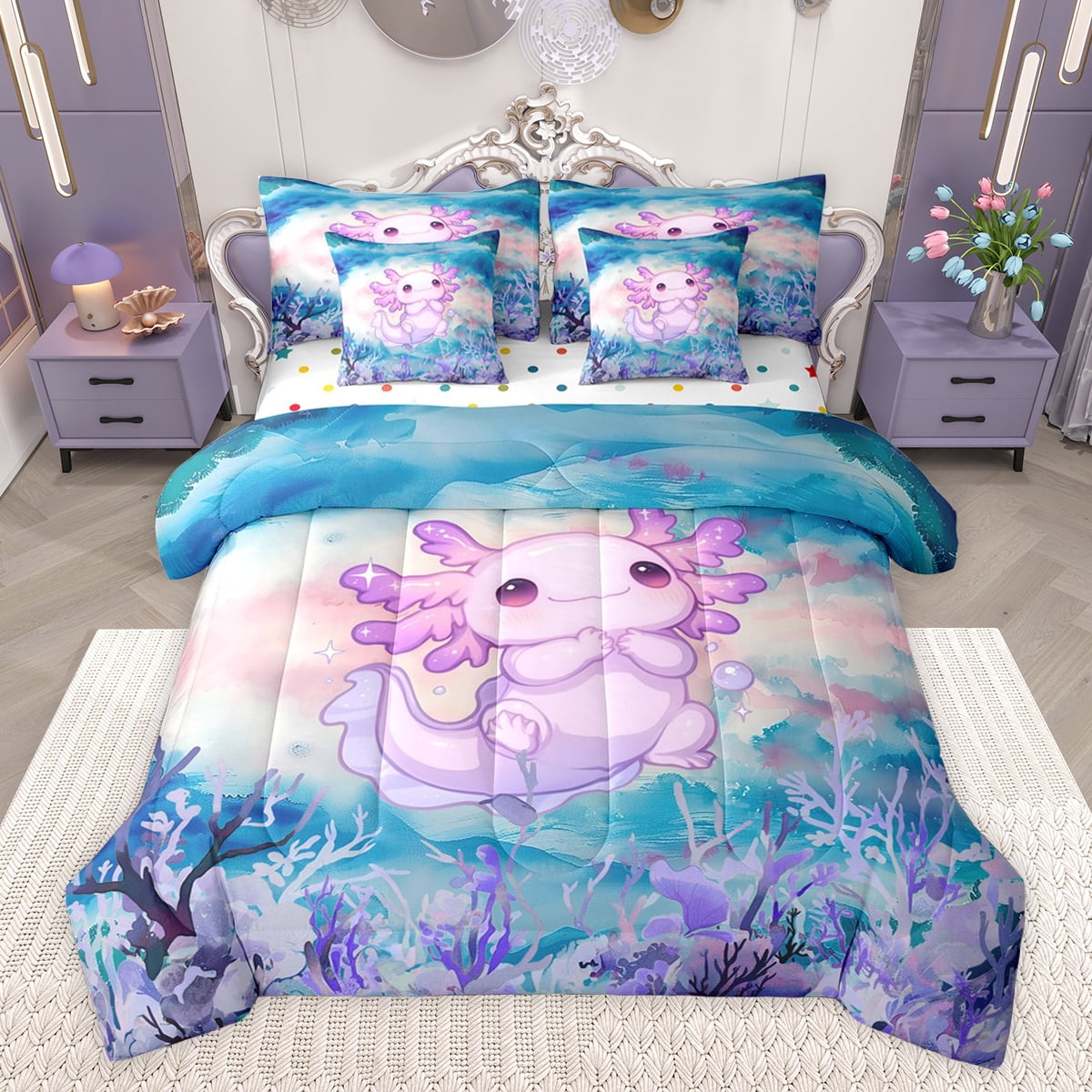 jejeloiu Pink Cute Axolotl 7pcs Bedding Comforter Set,Ocean Aniaml ...