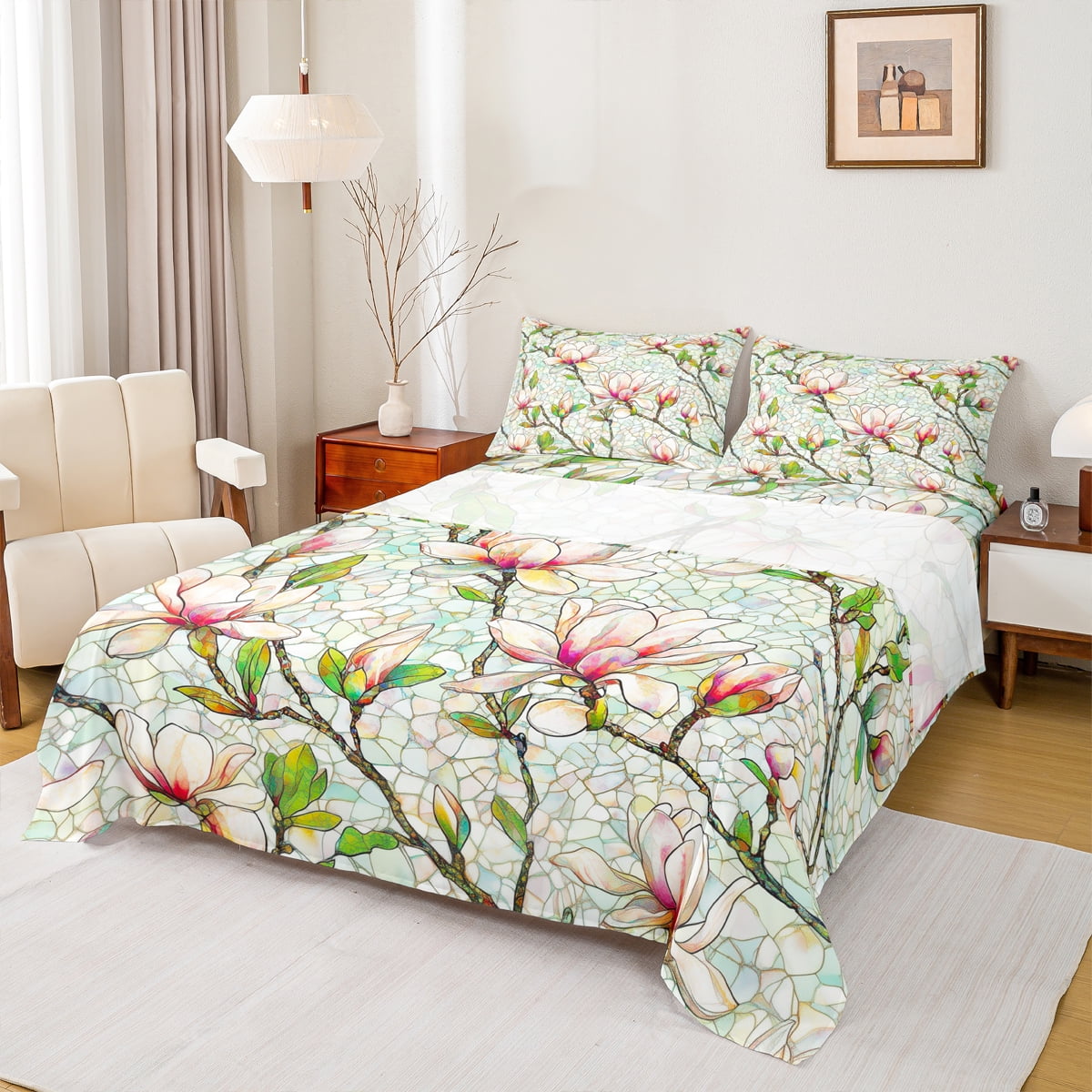 jejeloiu Pink Flower Bed Sheets,Vintage Glass King Sheets,Rustic Floral ...