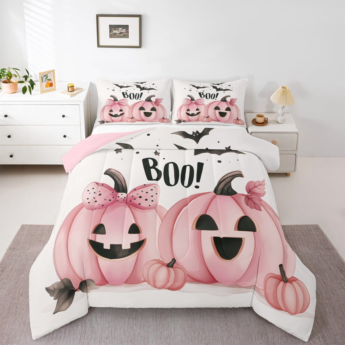 jejeloiu Pink Funny Pumpkin Bedding Comforter Set,Happy Halloween Twin ...