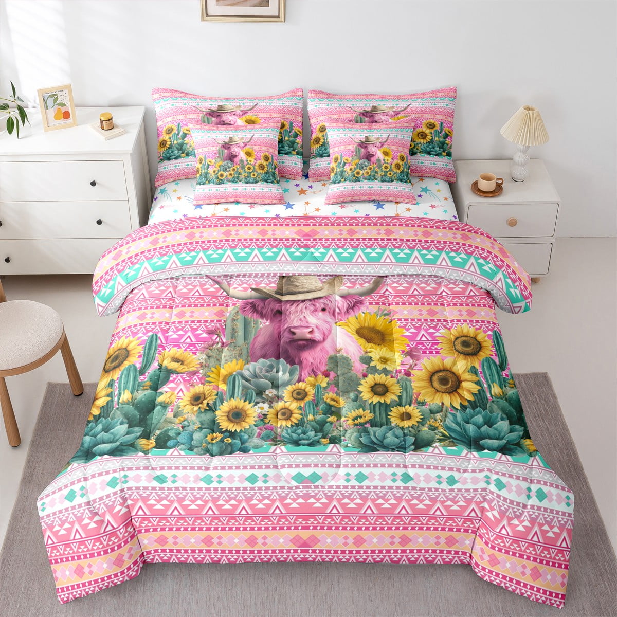 jejeloiu Pink Highland Cow 7pcs Bedding Comforter Set,Vintage Aztec ...