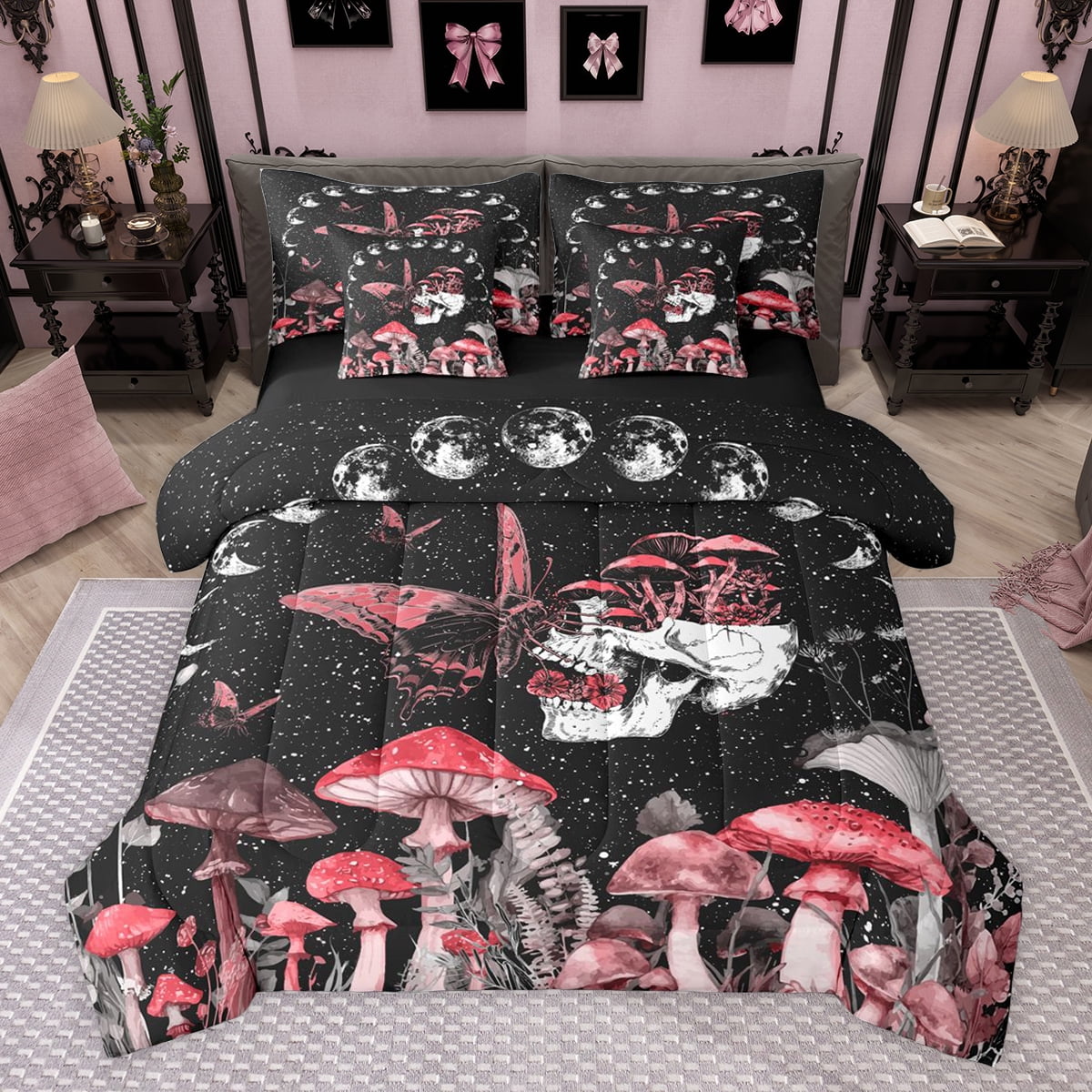 jejeloiu Pink Mushroom 7-Piece Twin Bedding Sets,Gothic Skull Moth ...