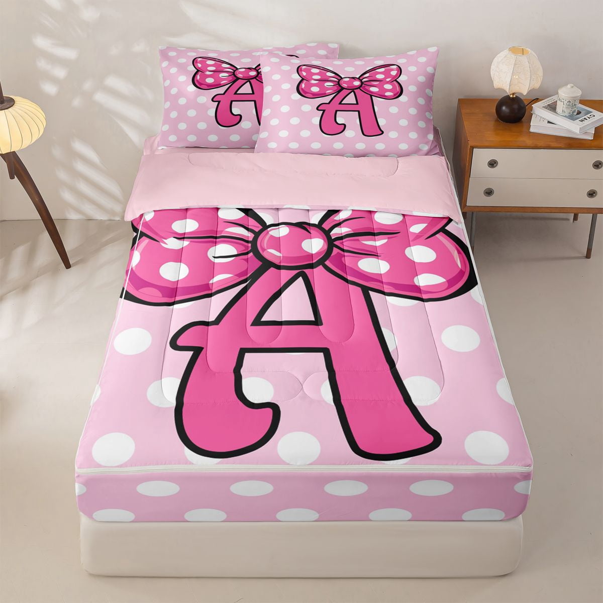 jejeloiu Pink Polka Dot Bow Monogram A Zipper Twin Comforter Sets with ...
