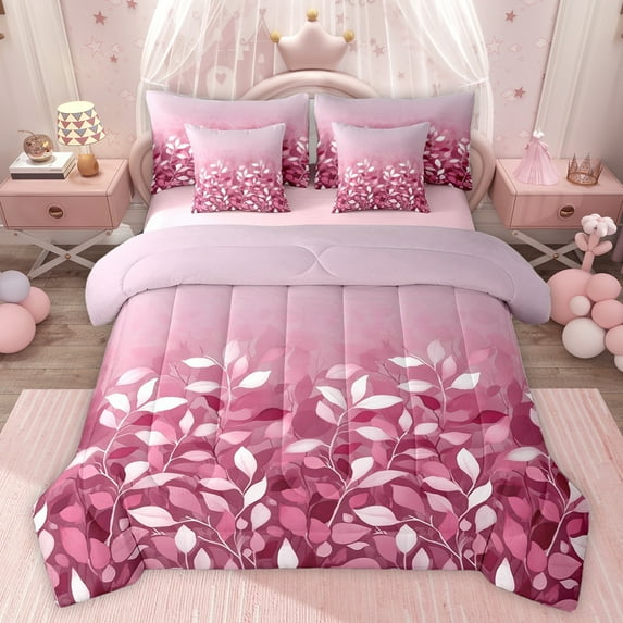 jejeloiu Pink White Leaves 7-Piece Bedding Comforter Set,Natural ...