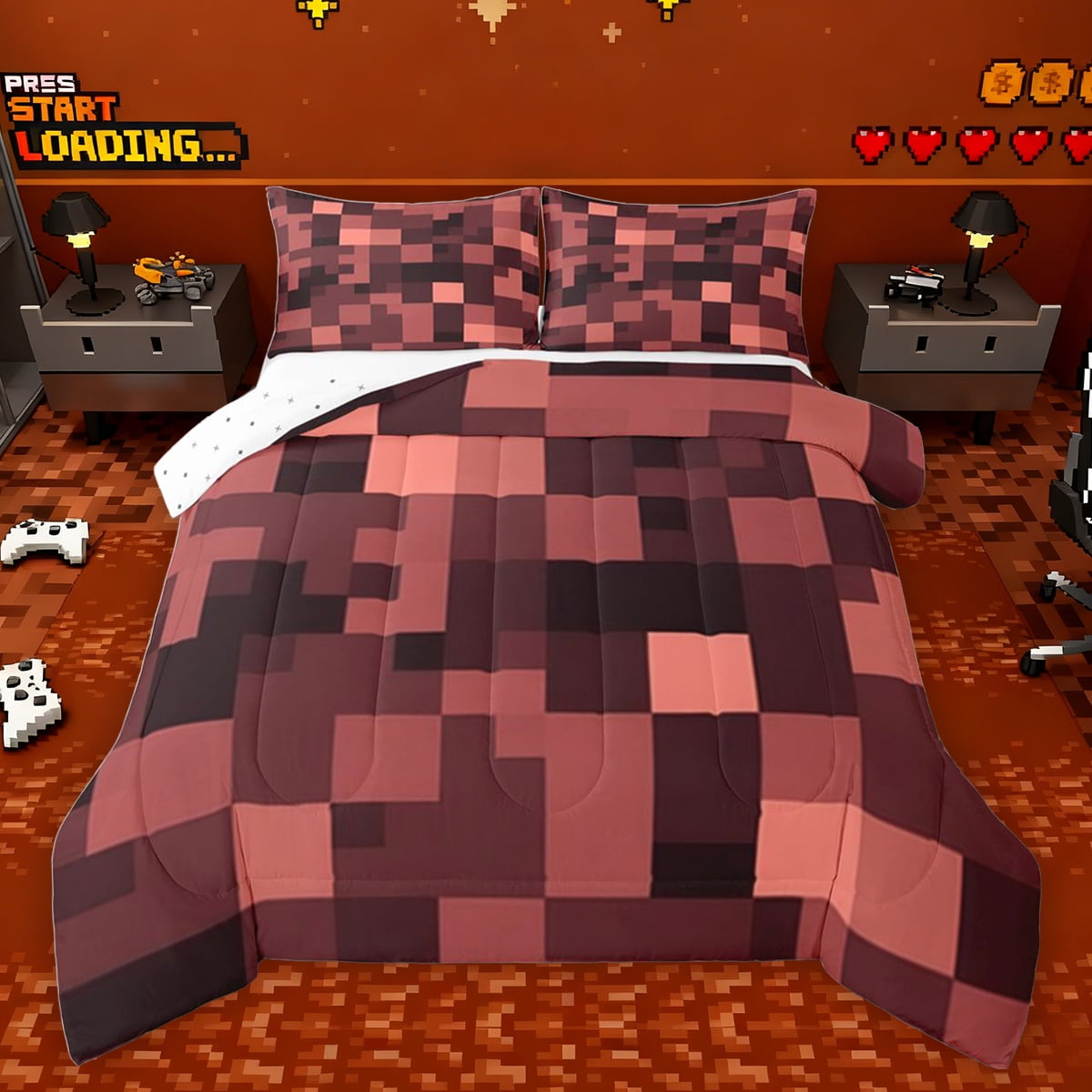 jejeloiu Pixelated Miners Game Queen Comforter Set,Pink Brown Geometric ...