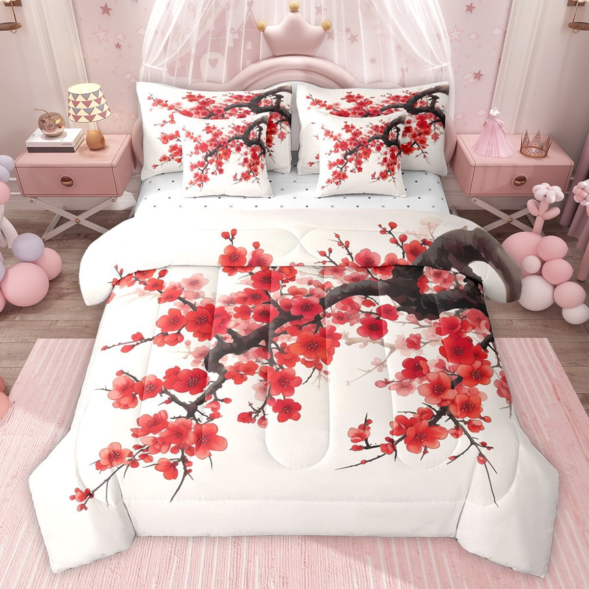 jejeloiu Plum Blossom 7-Piece Bedding Comforter Set,Rustic Flowers King ...