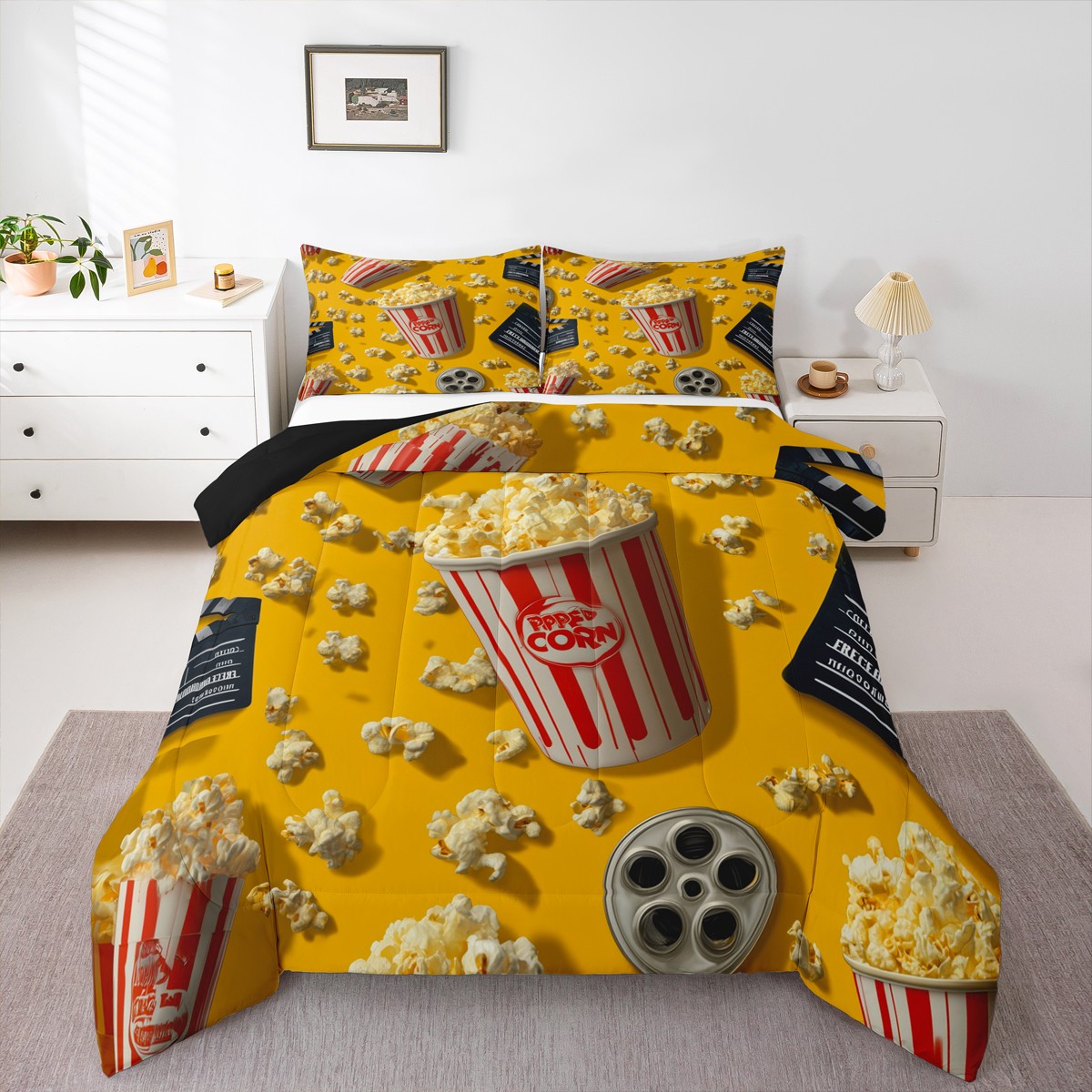 jejeloiu Popcorn Filmstrip Print Bedding Comforter Set,Movie Themed ...