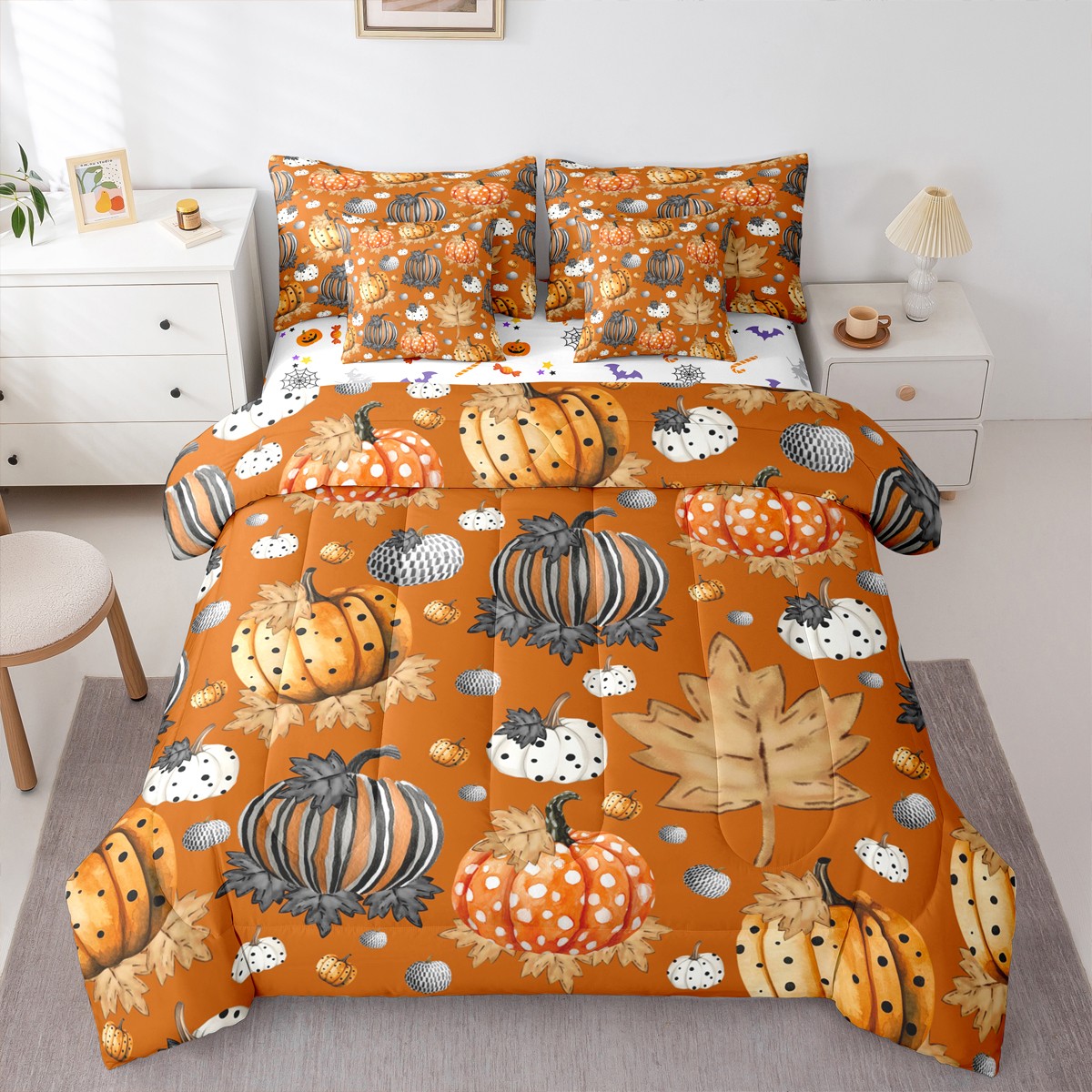 jejeloiu Pumpkin Bedding Comforter Set 7 Pieces,Happy Halloween Full ...
