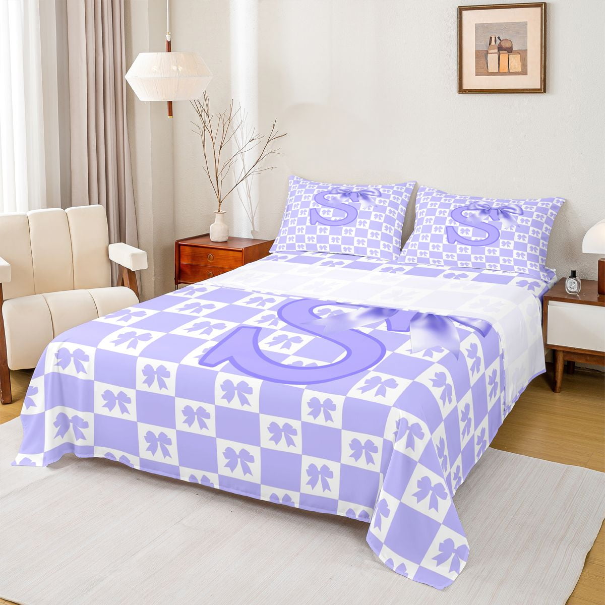 jejeloiu Purple Cartoon Bowknot Queen Sheet Sets,Letter S Print Bed Set ...