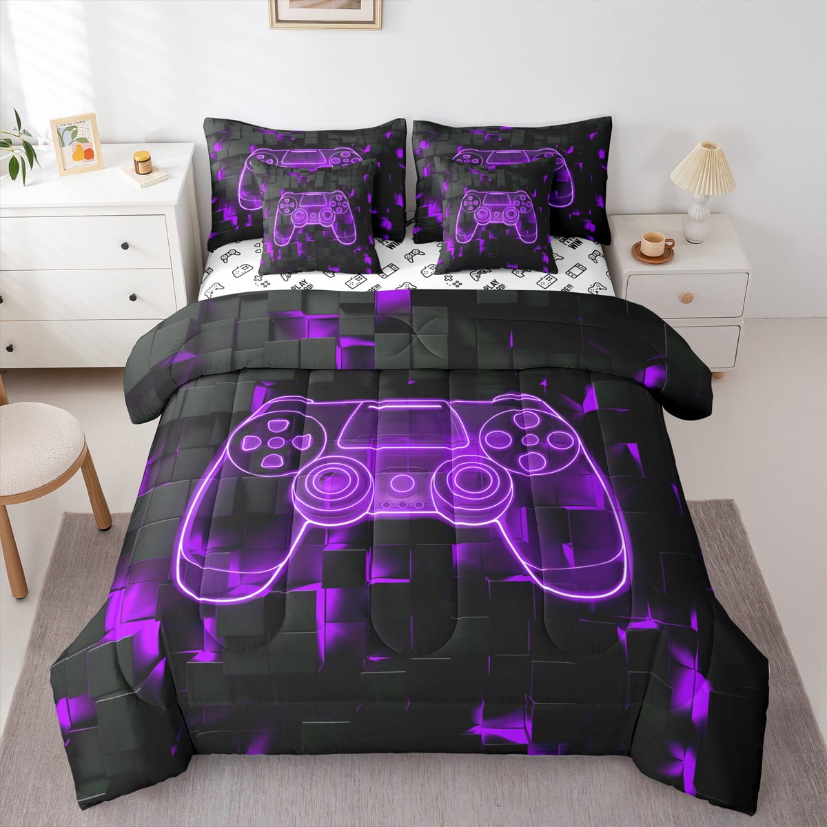 jejeloiu Purple Game Console 7pcs Bedding Comforter Set,Kids Gamepad ...