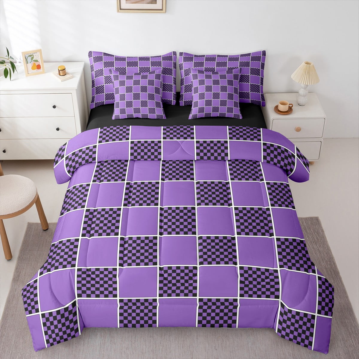 jejeloiu Purple Geometric Plaid Twin Bedding Sets 7-Piece,Modern ...