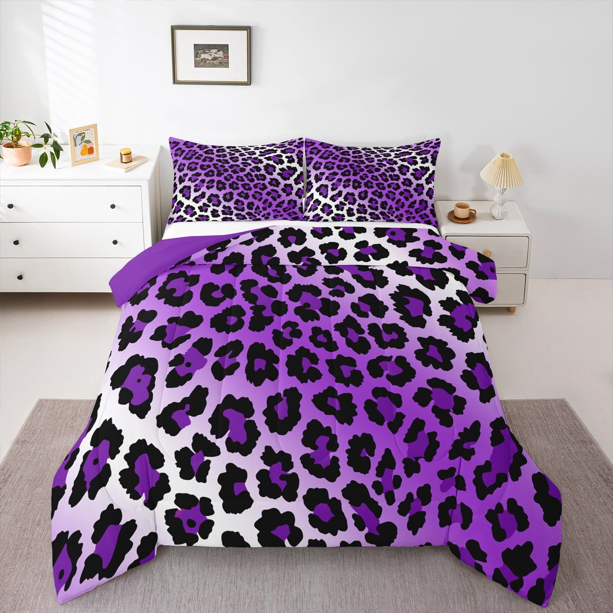 jejeloiu Purple Leopard Print Bedding Comforter Set,Cheetah Pattern ...