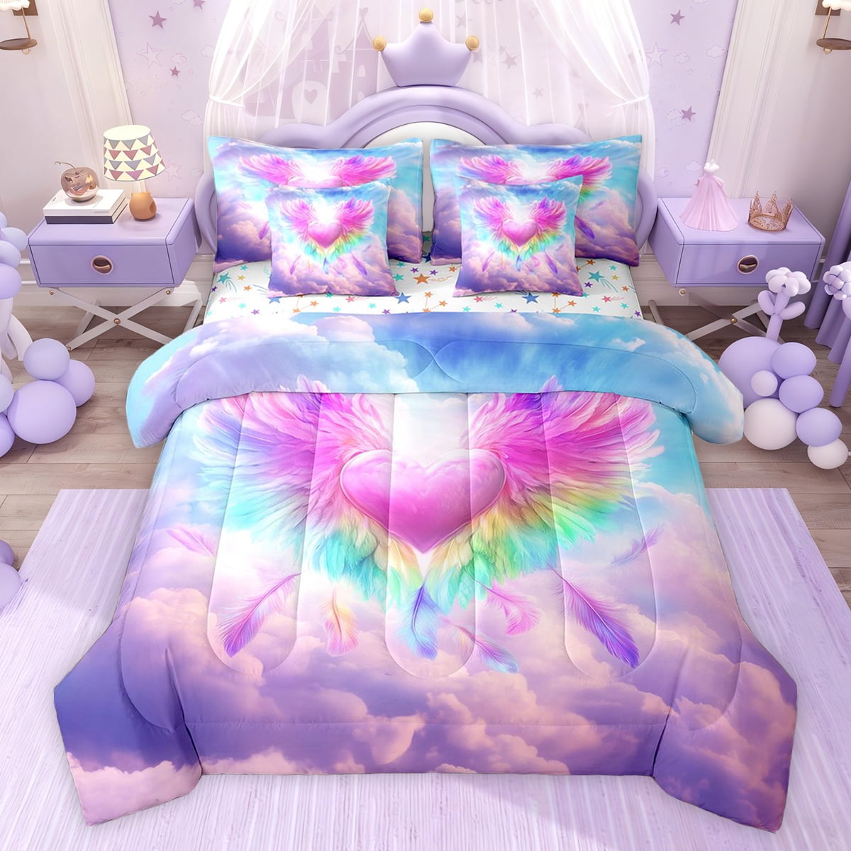 jejeloiu Rainbow Angel Wings 7-Piece Twin Bedding Sets,3D Cartoon Loves ...