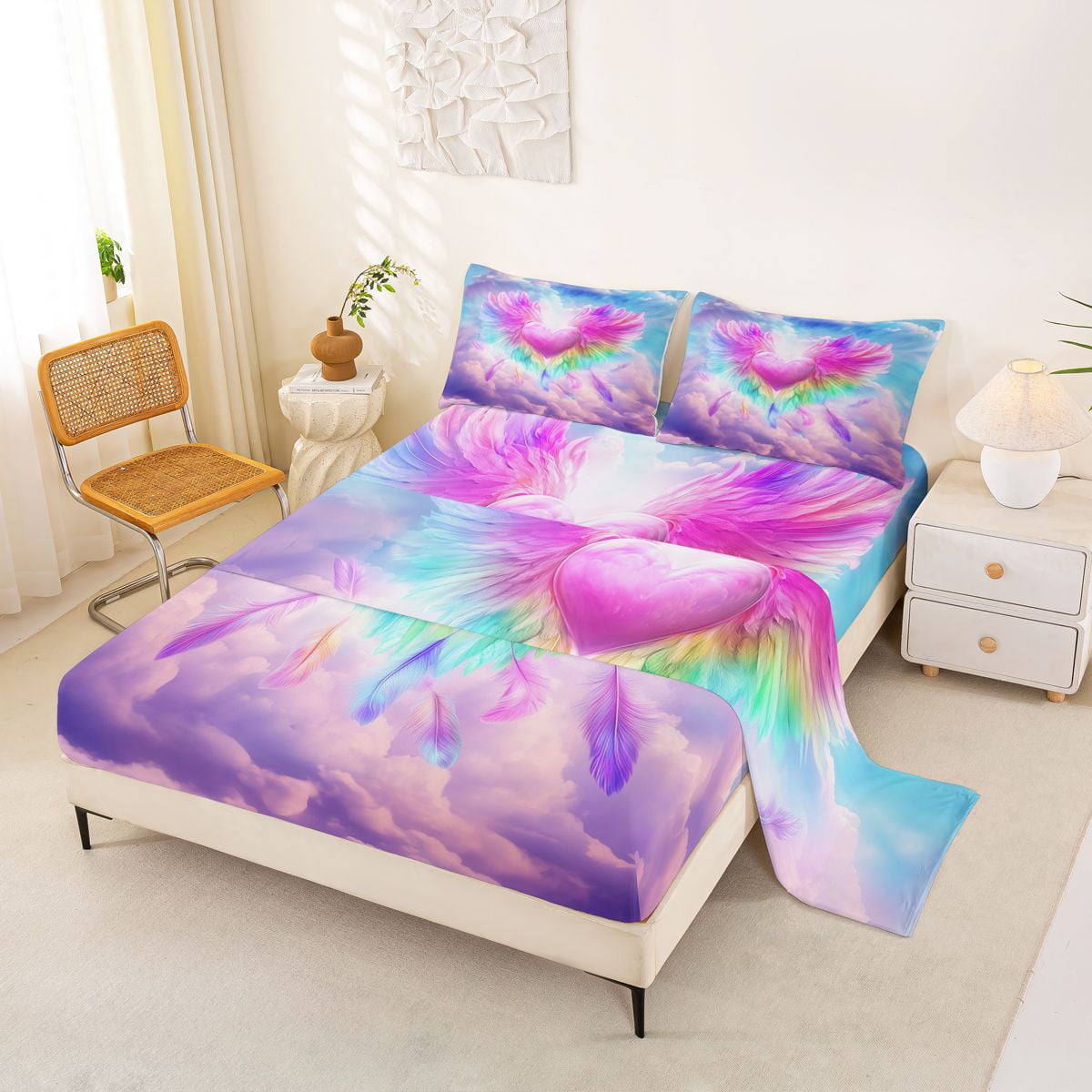 jejeloiu Rainbow Angel Wings Bed Sheets,3D Cartoon Loves King Sheets ...