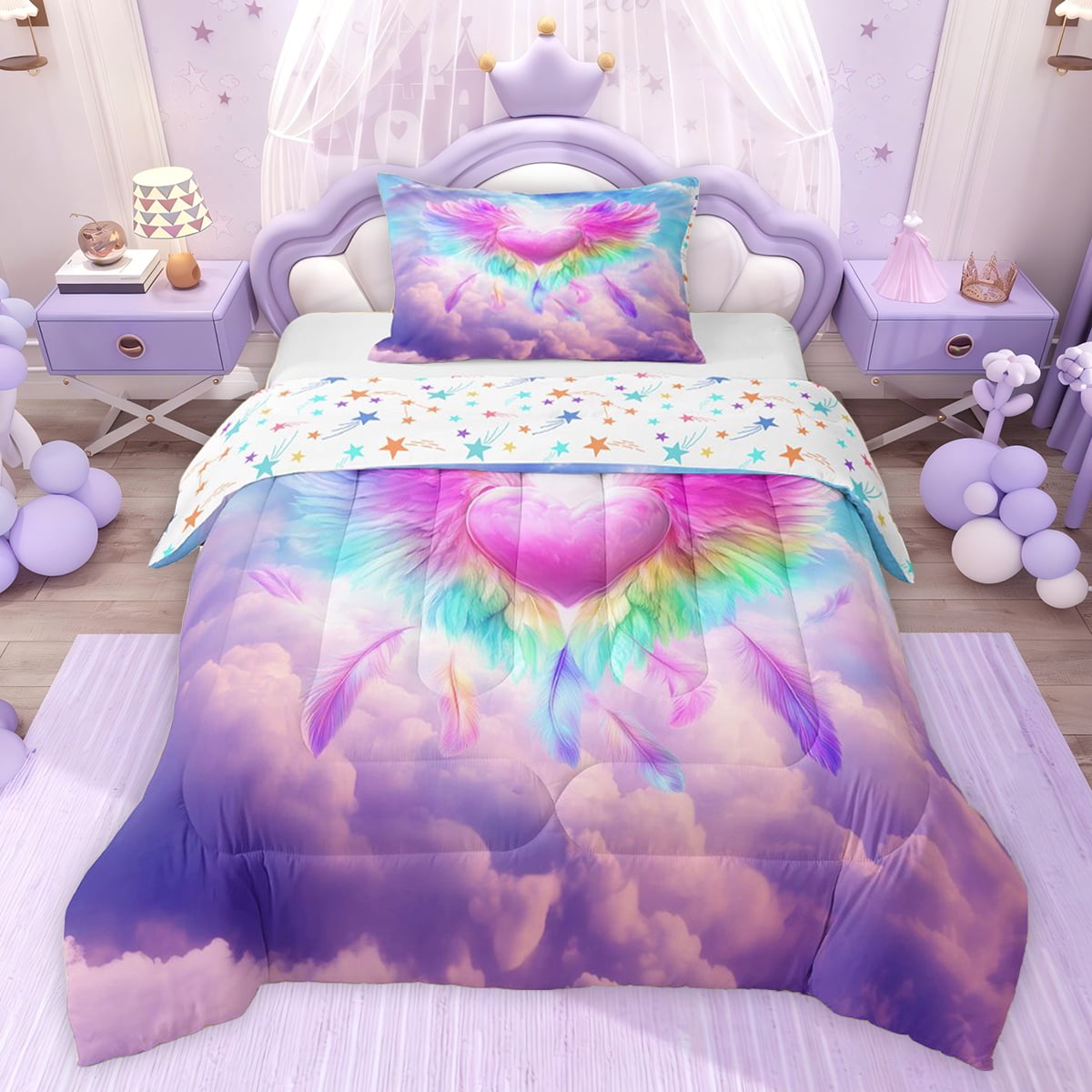 jejeloiu Rainbow Angel Wings Twin Comforter Sets,3D Cartoon Loves ...