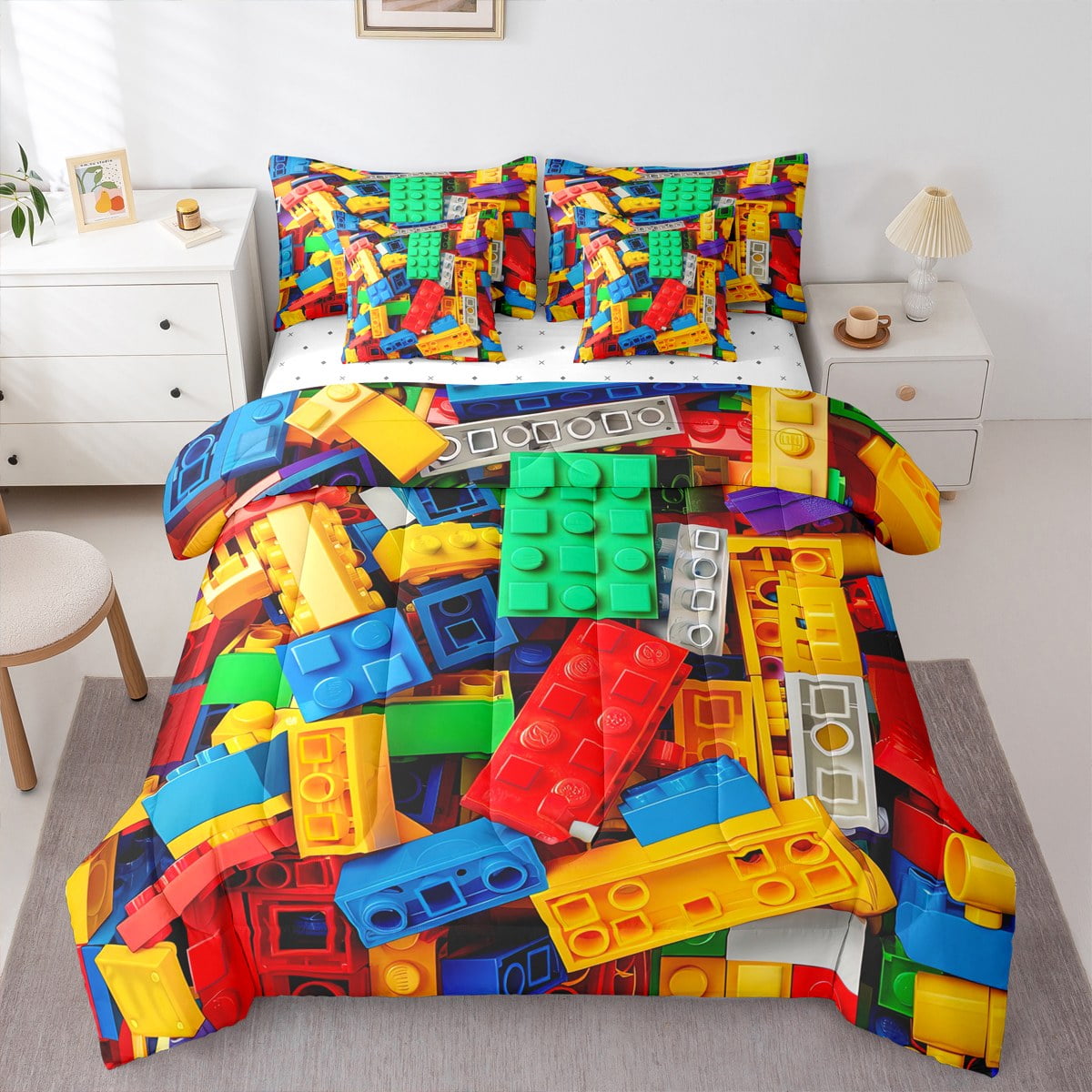 jejeloiu Rainbow Building Blocks Bedding Comforter Set 7-Piece,3D Toy ...
