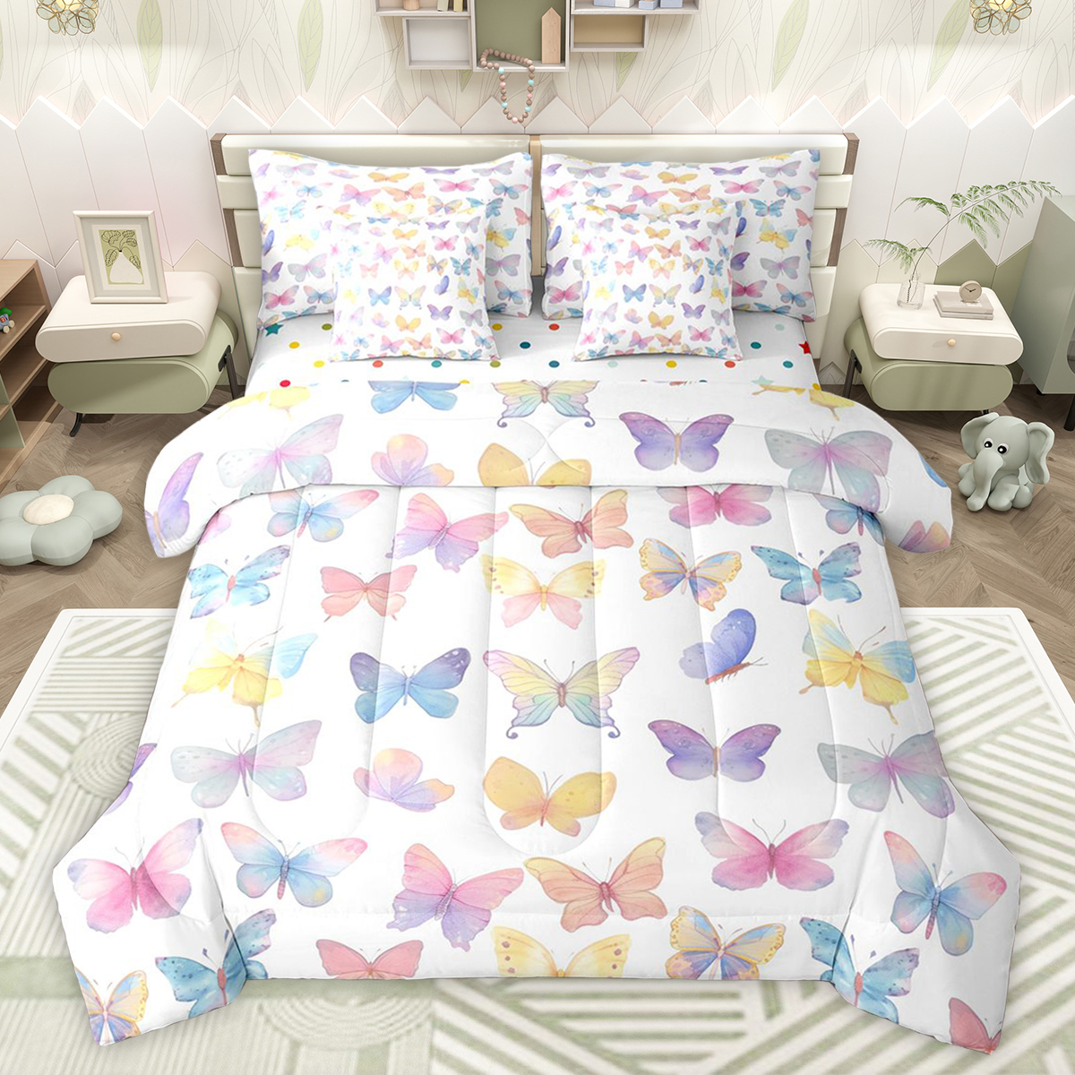 jejeloiu Rainbow Butterfly 7-Piece Bedding Comforter Set,Wild Flying ...