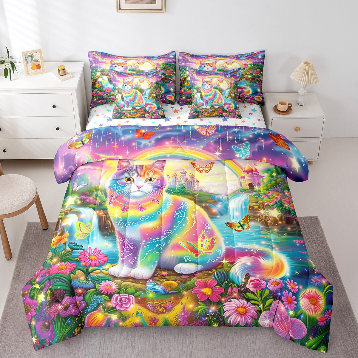 jejeloiu Rainbow Cat Kitten Twin Bedding Sets,7-Piece,Multicolor Flower ...