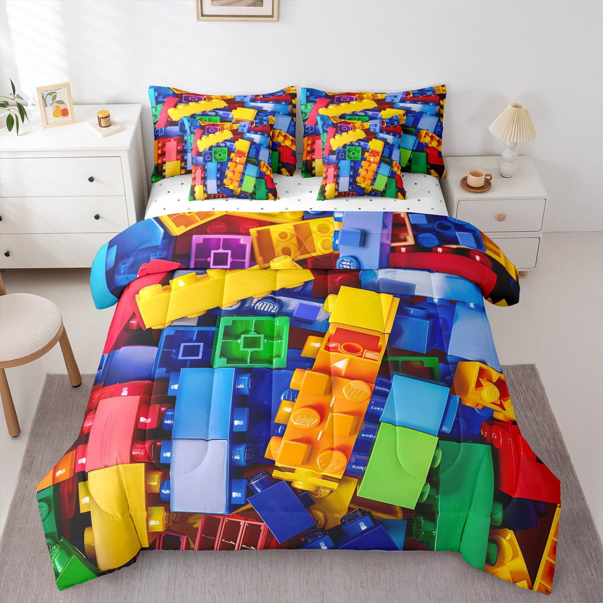 jejeloiu Rainbow Construction Brick Bedding Comforter Set 7 Pieces ...