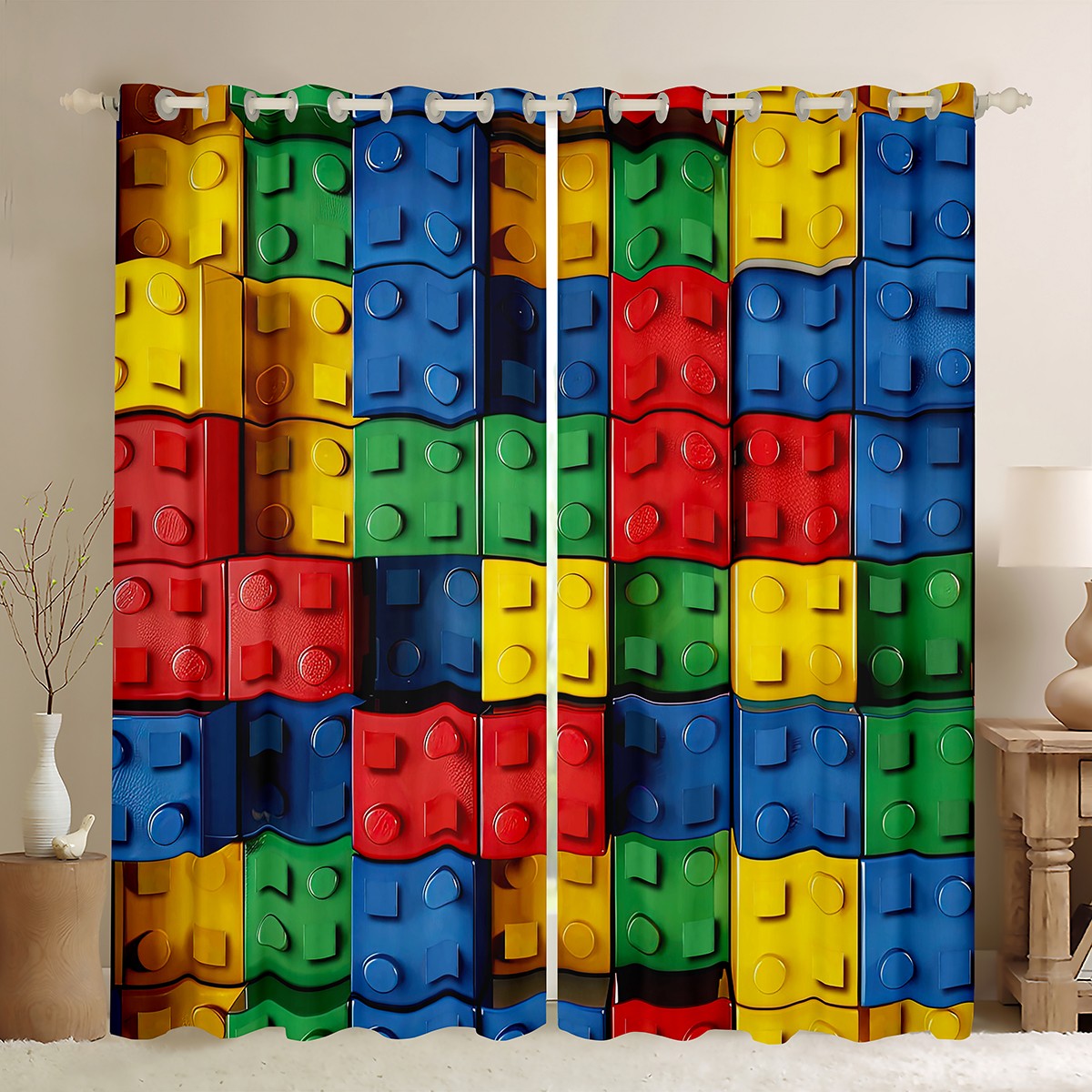 jejeloiu Rainbow Construction Brick Curtains and Drapes,Funny Patchwork ...