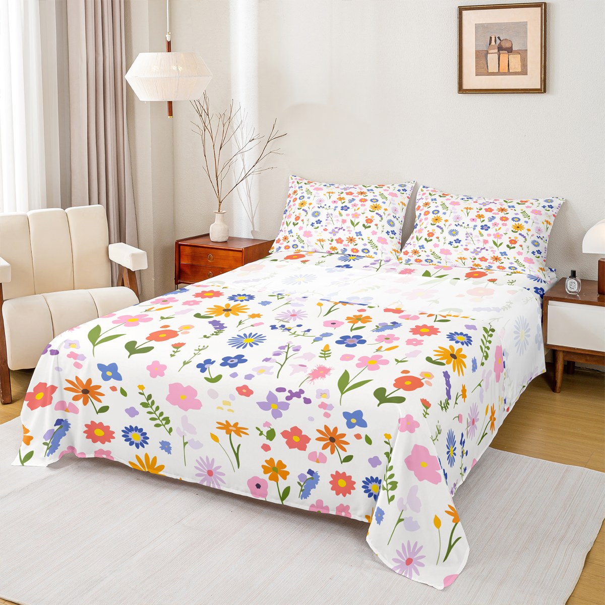 jejeloiu Rainbow Floral Full Size Sheets,Kawaii Daisy Bed Sheets,Green ...