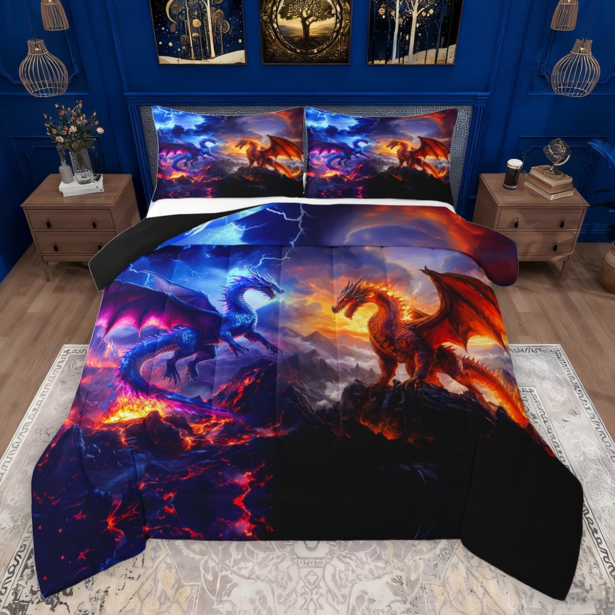 jejeloiu Red Blue Dragon Queen Comforter Set,Wild Animal Bedding Sets ...