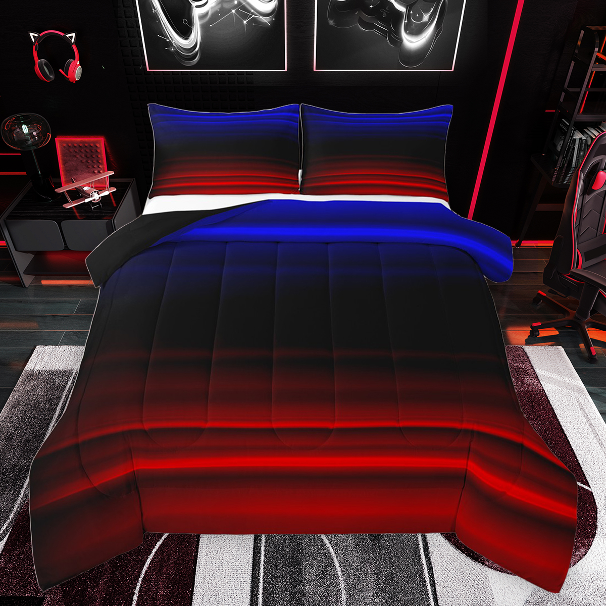 jejeloiu Red Blue Stripe Bedding Comforter Set,Modern Geometric Line ...