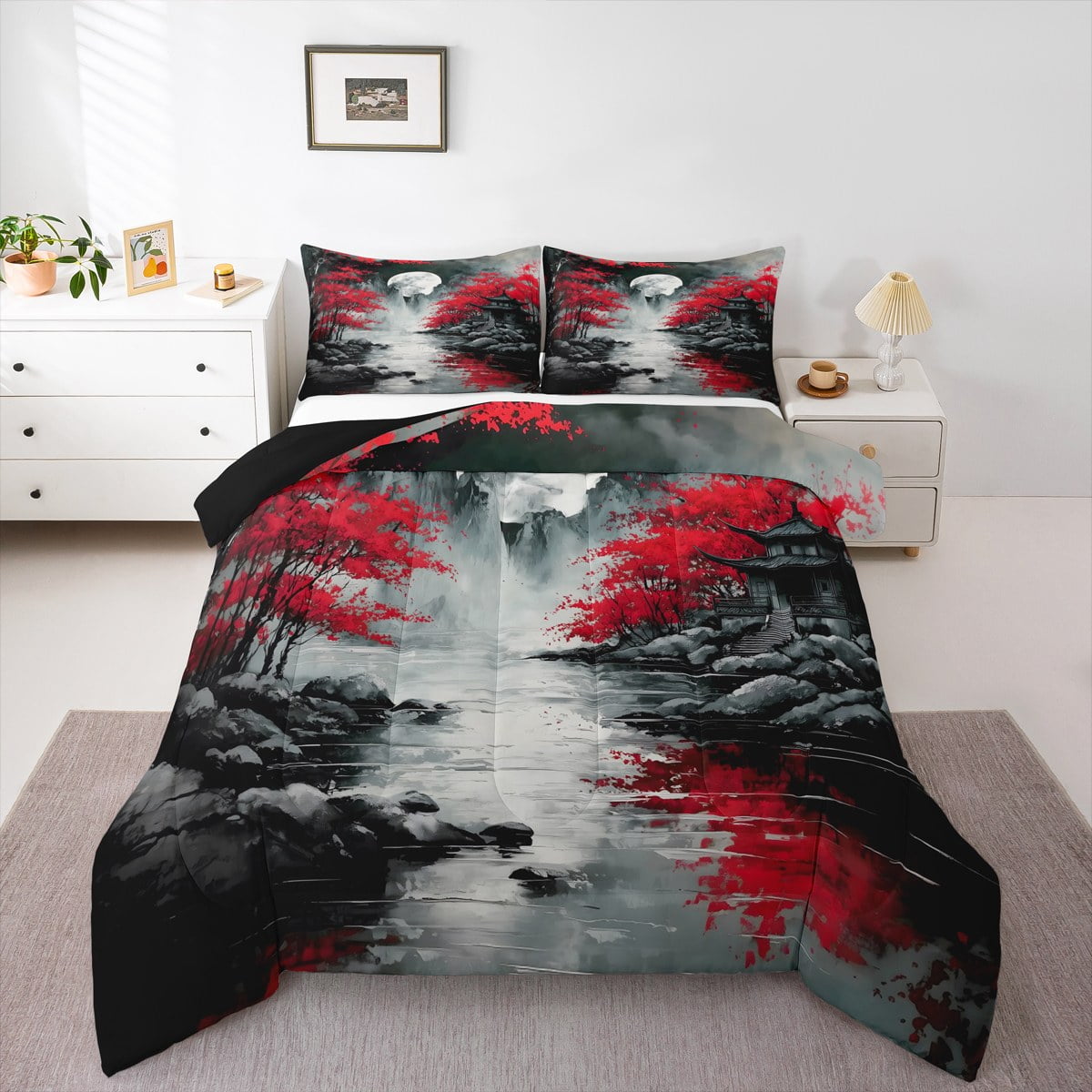 jejeloiu Red Cherry Blossoms King Size Comforter Sets,Fuji Mountain ...