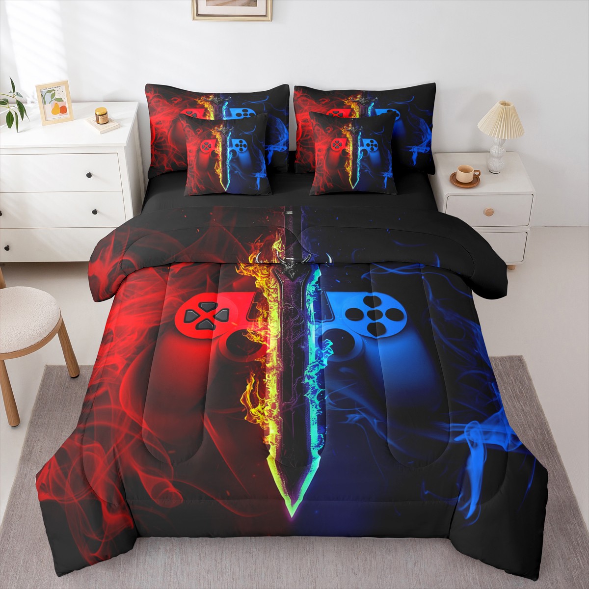 jejeloiu Red Game Console Twin Bedding Sets 7-Piece,Cartoon Gamepad ...