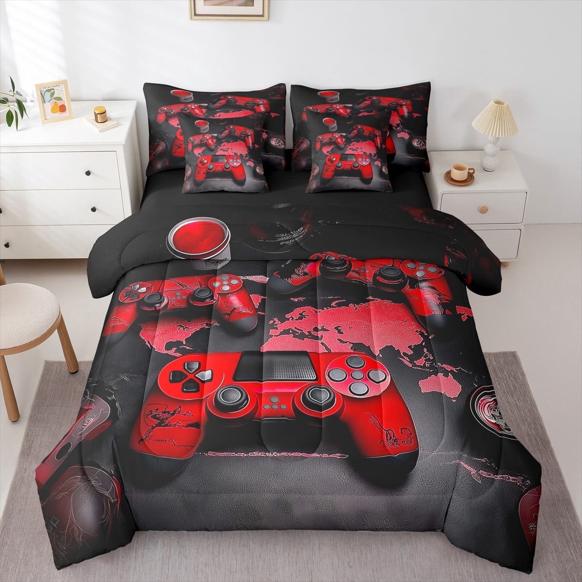 jejeloiu Red Gamepad Bedding Comforter Set 7pcs,Modern Video Game Queen ...