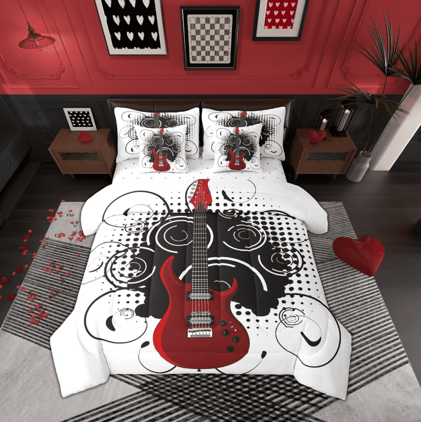 jejeloiu Red Guitar Bedding Comforter Set 7-Piece,Music Theme King ...
