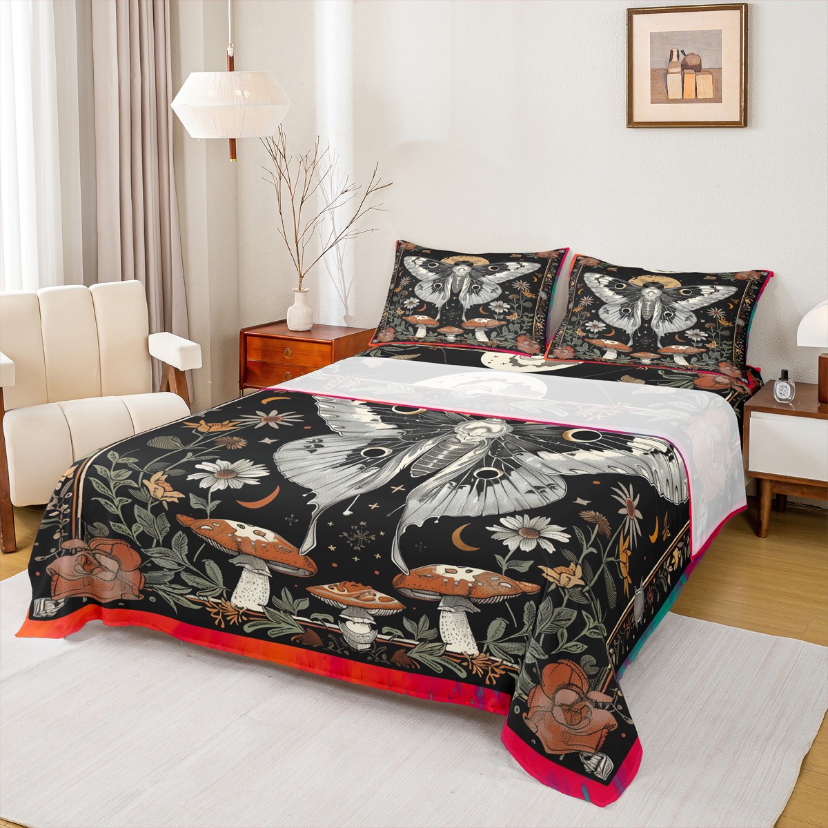 jejeloiu Red Kawaii Mushroom Queen Sheet Sets,Gothic Moth Flat Sheet ...