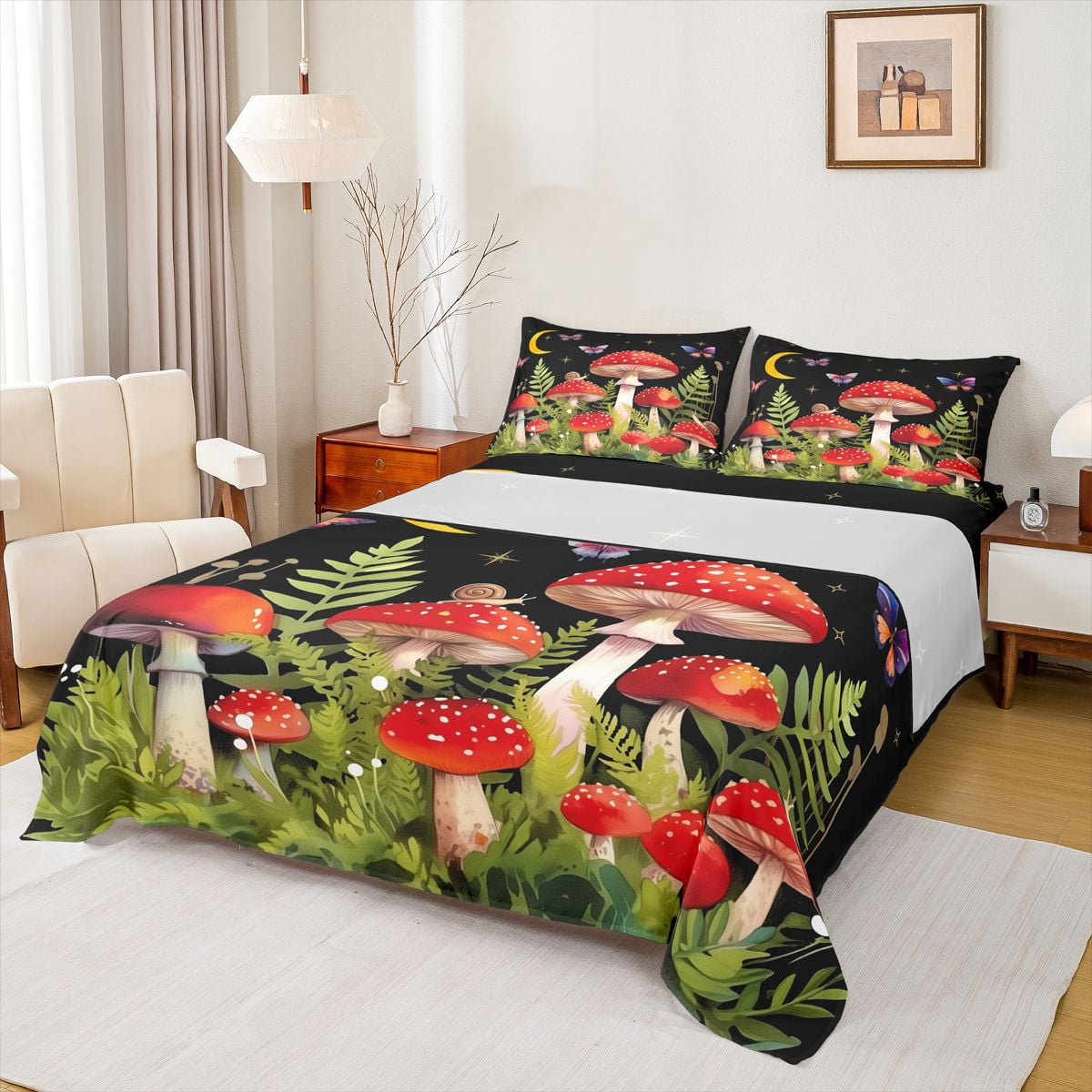 jejeloiu Red Mushroom Fungus Twin Sheet Sets,Rustic Plants Leaves Twin ...