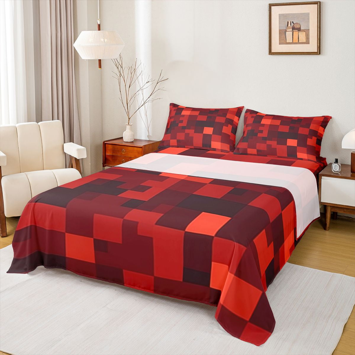 jejeloiu Red Pixelated Grid Bed Sheets,Miners Game King Sheets ...