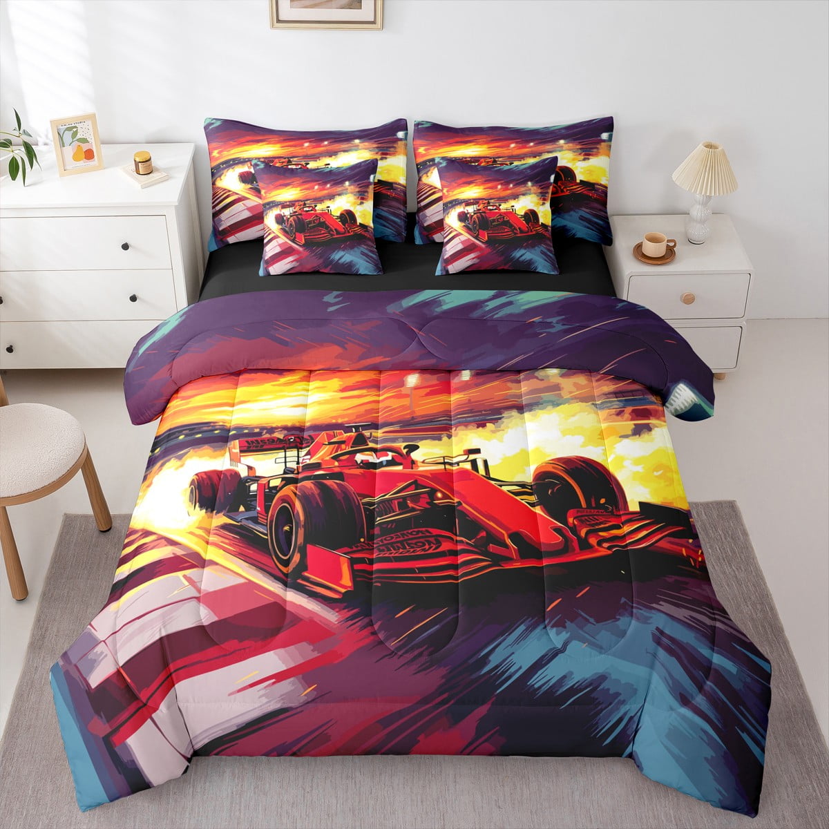 jejeloiu Red Race Car Bedding Comforter Set 7-Piece,Extreme Sports King ...