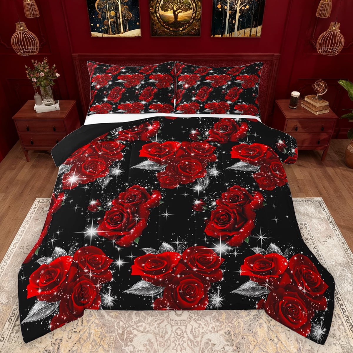 jejeloiu Red Rose Bedding Comforter Set,Valentine Floral Twin Comforter ...