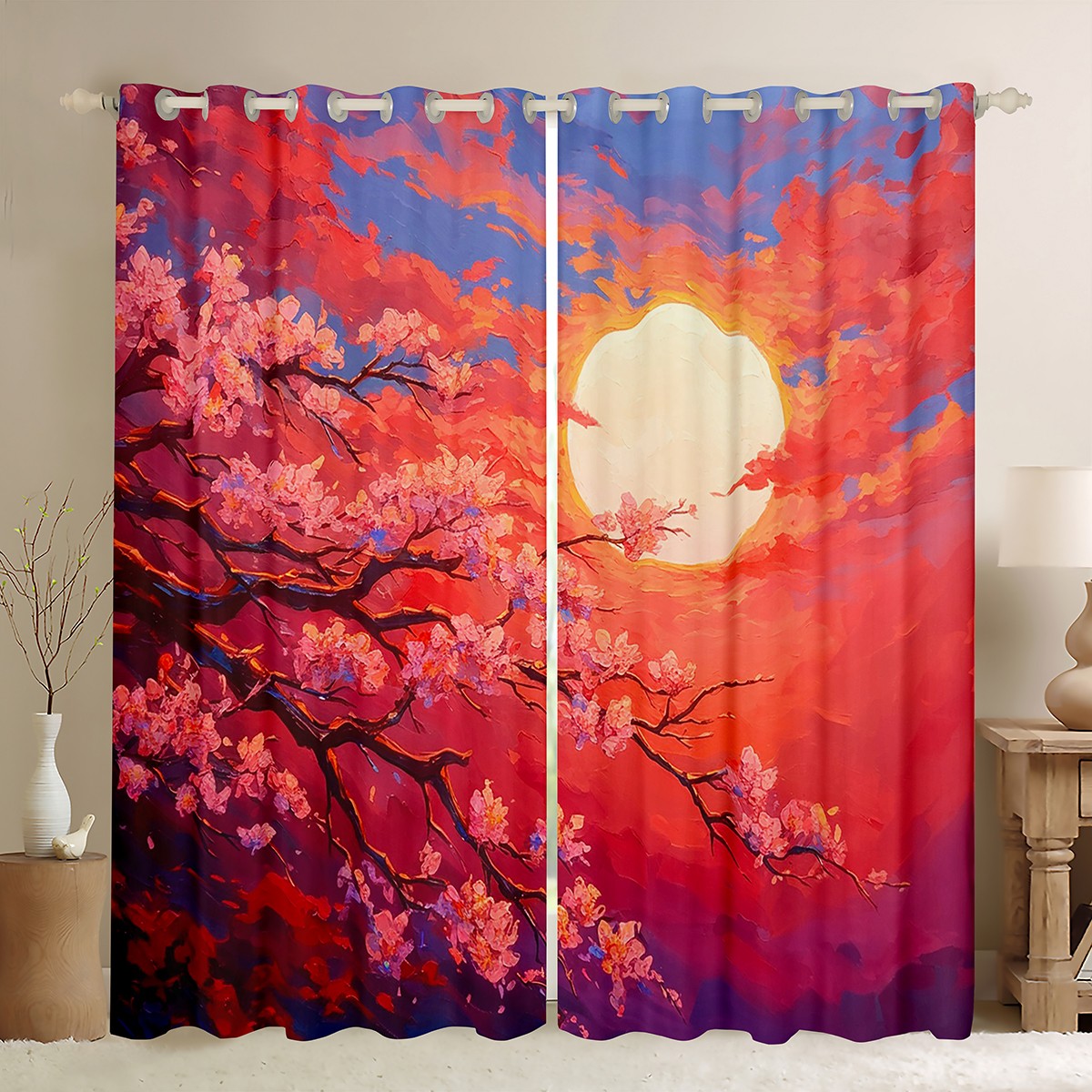 jejeloiu Red Sakura Curtains and Drapes,Japan Style Black Out Curtains ...