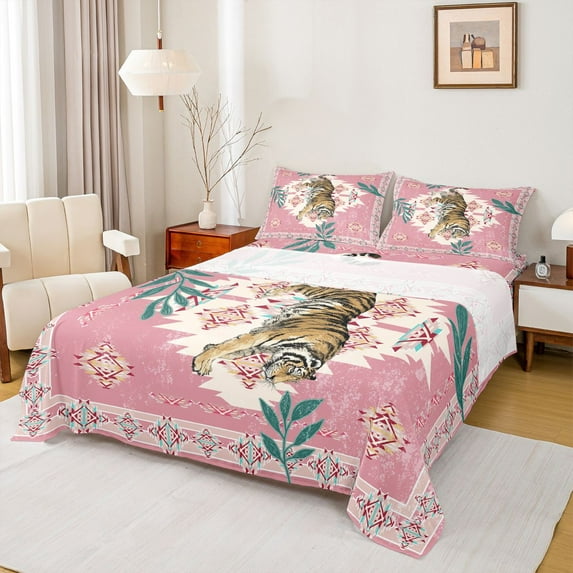 jejeloiu Retro Aztec Geometric Queen Sheet Sets,Jungle Tiger Pattern ...